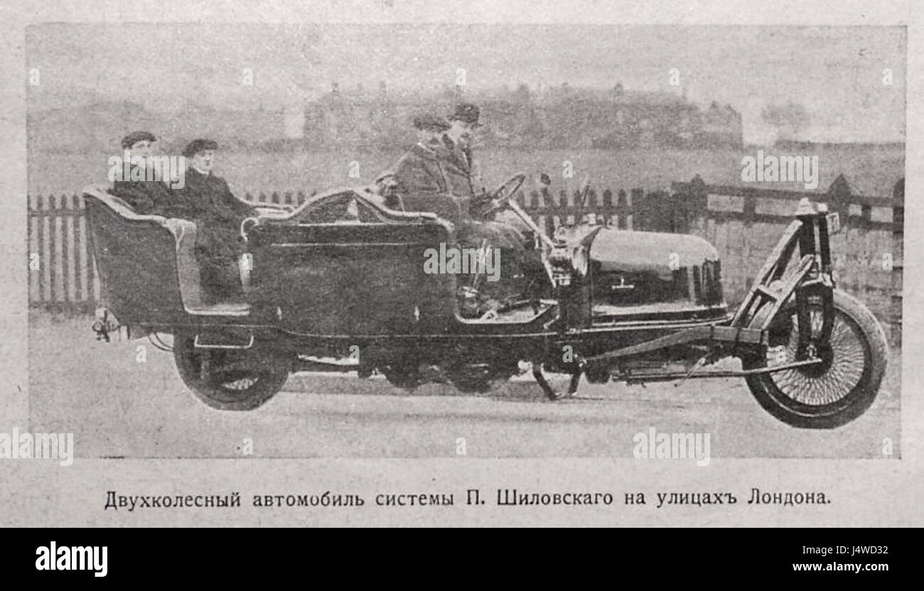 A historical image from 1914 depicting the Russian two-wheel car, an ...