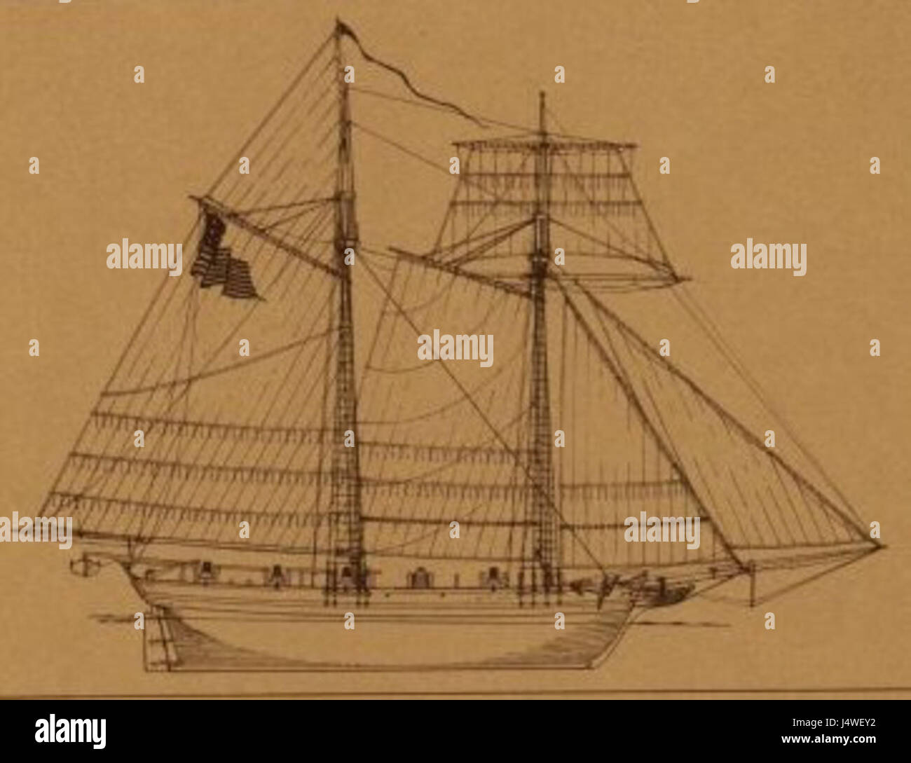 The sail plan of the USS Hamilton outlines the ship's rigging and sail ...