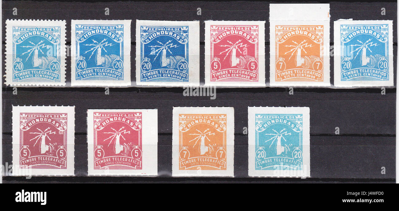 This collection of telegraph stamps from Honduras showcases a variety ...