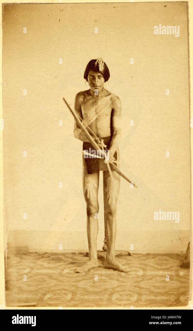 A historical photograph or painting of a young Pawnee man holding a bow ...