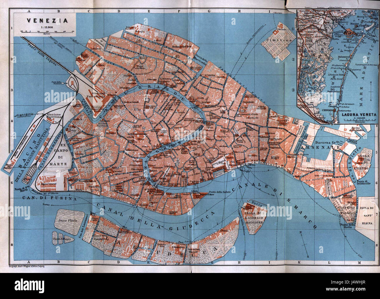 This map from 1913 illustrates the central area of Venice, highlighting ...