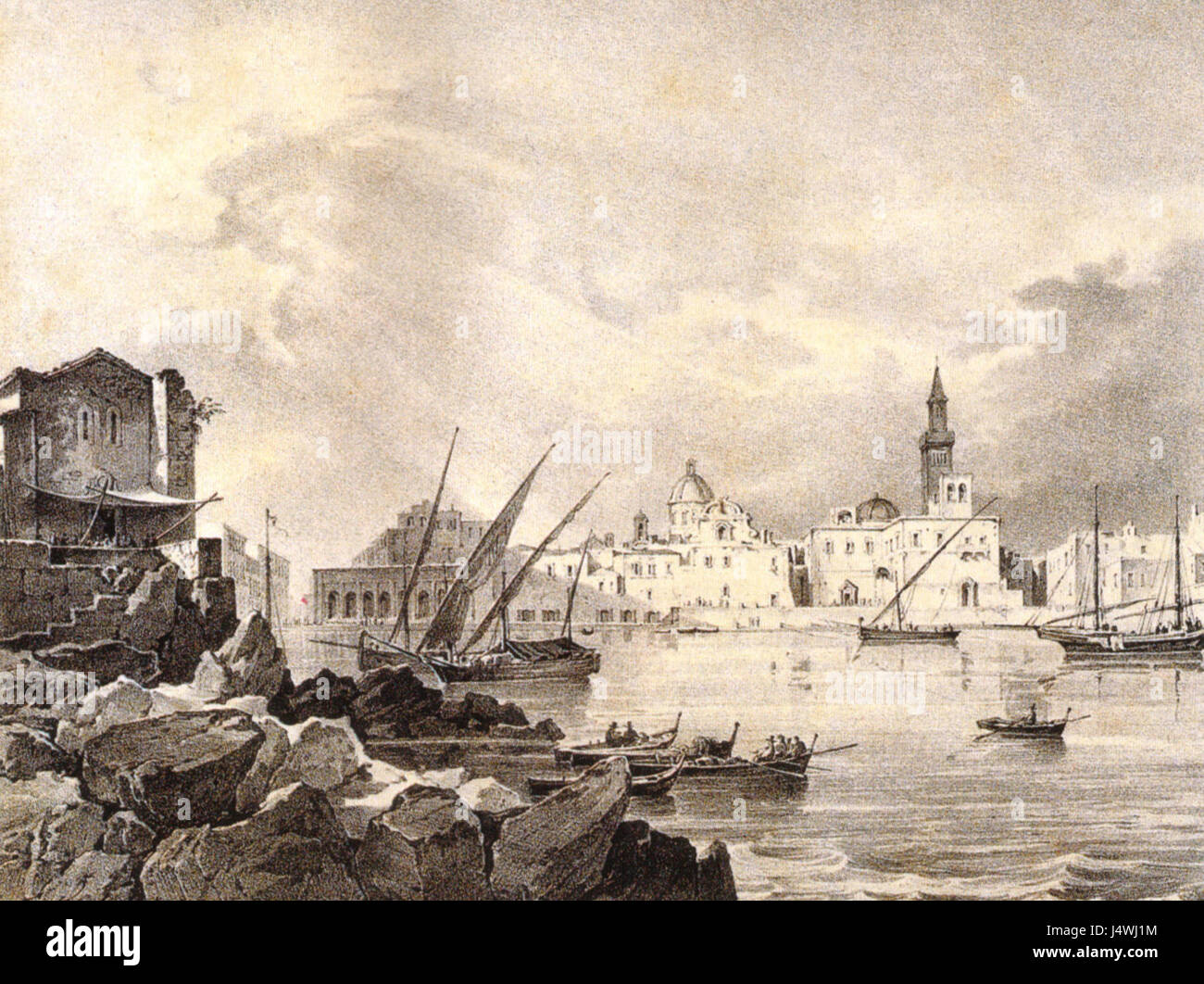 A 19th-century print of the Port of Bari, Italy, illustrating the ...