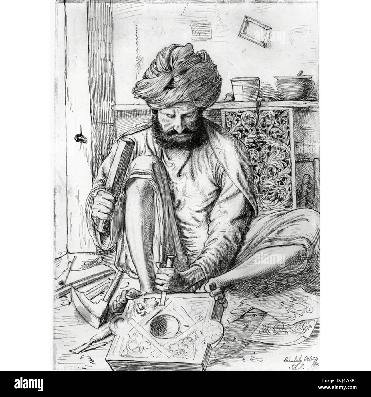 This pencil and ink drawing by John Lockwood Kipling from 1870 depicts ...