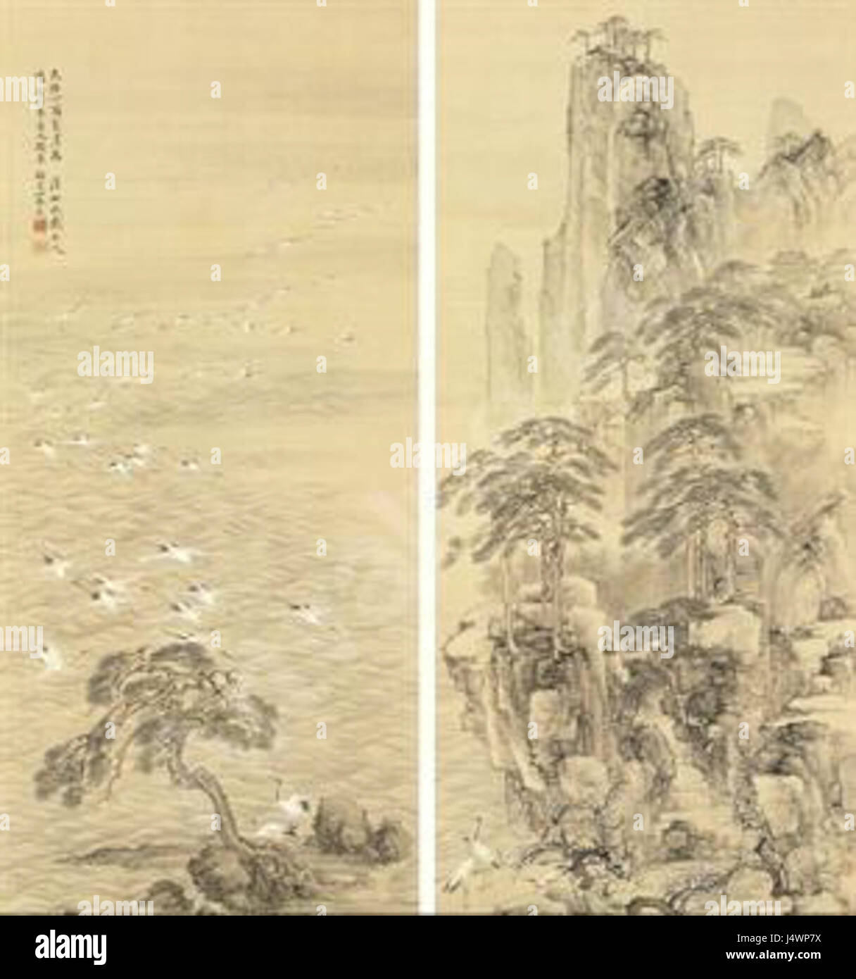 Yamamoto Baiitsuâ€™s painting, *Mount Horai and Cranes*, created during ...