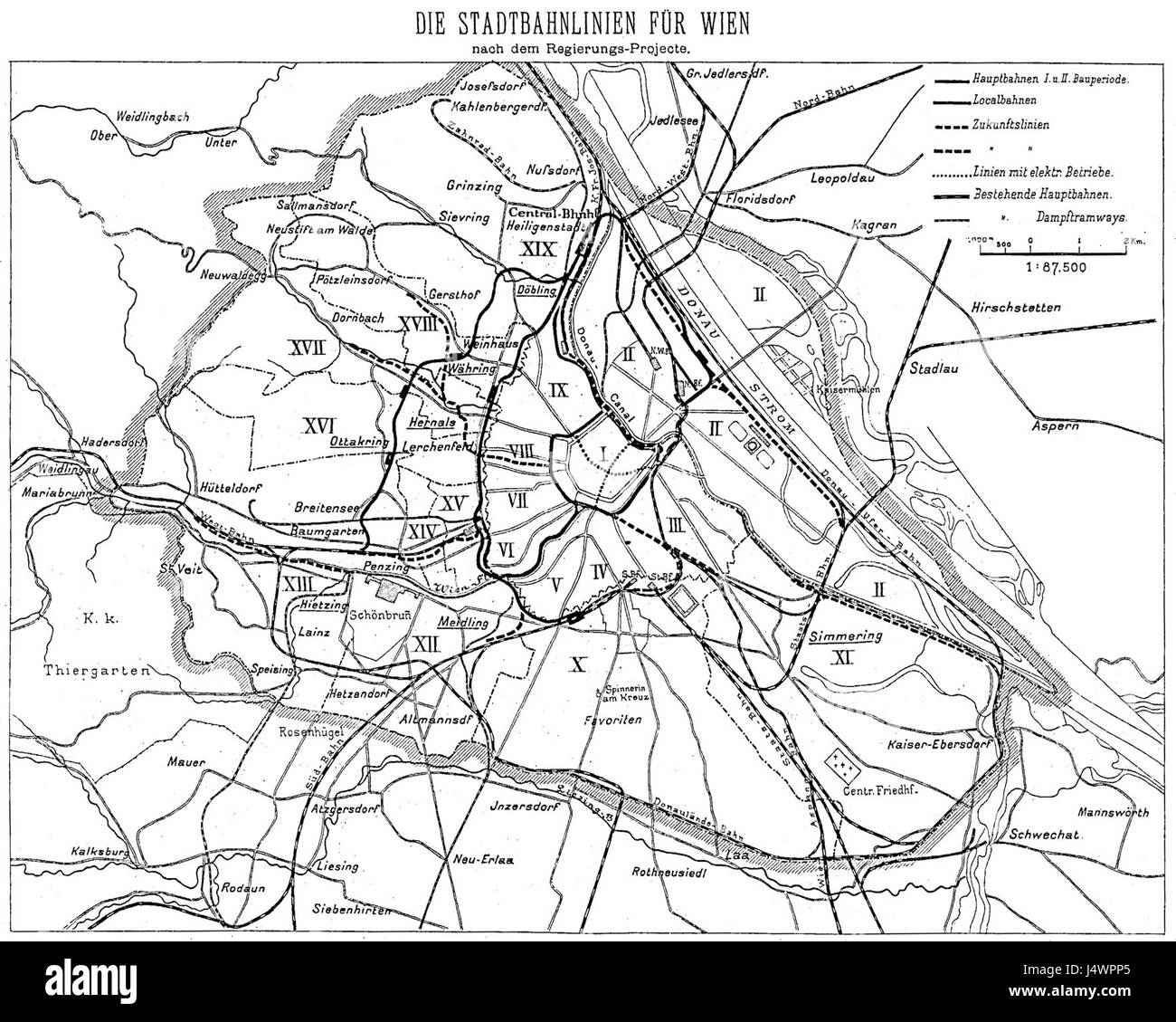 This 1891 map illustrates the proposed city rail lines in Vienna, a ...
