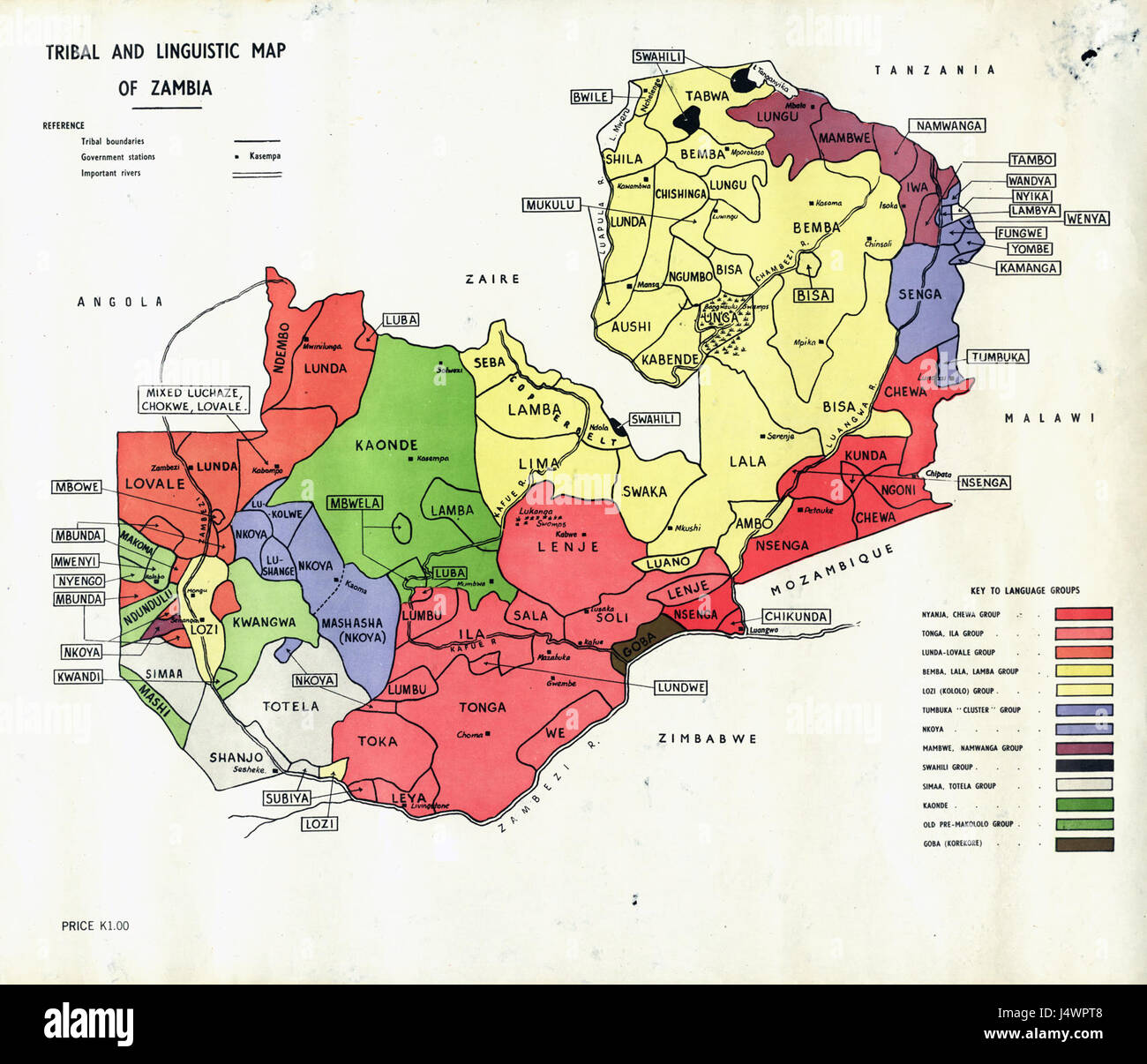 This map shows the linguistic distribution of tribes across Zambia ...