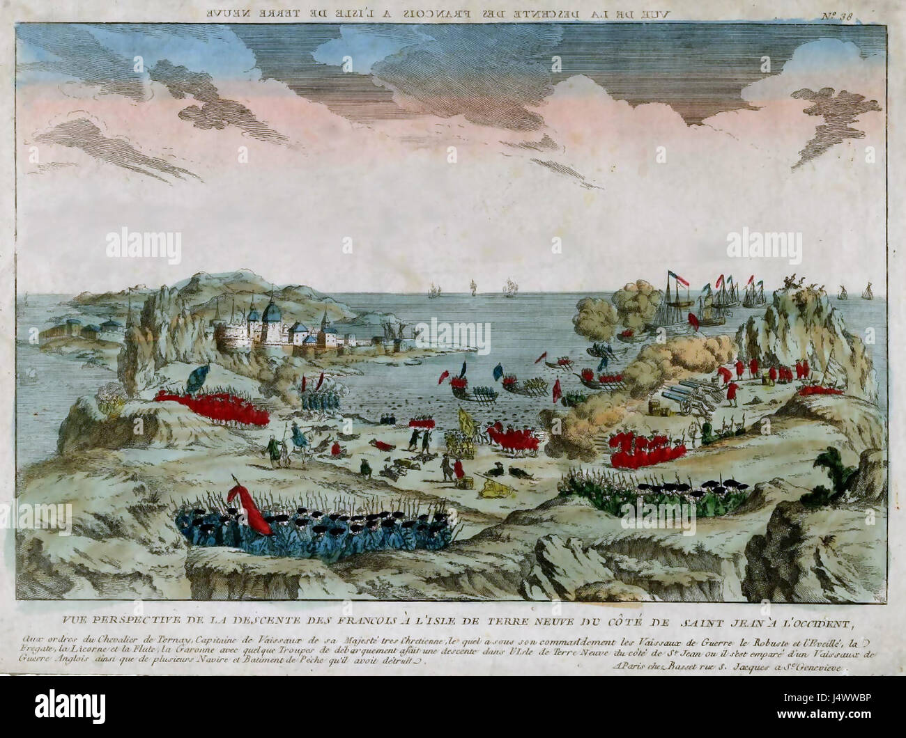 This historical image depicts the descent to Newfoundland by Chevalier ...