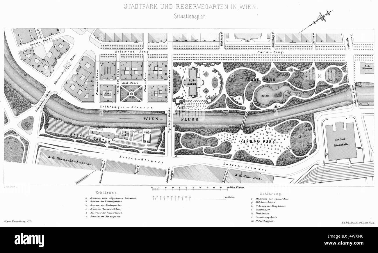 This 1872 map of Vienna's Innere Stadt, Stadtpark, and Reservegarten ...