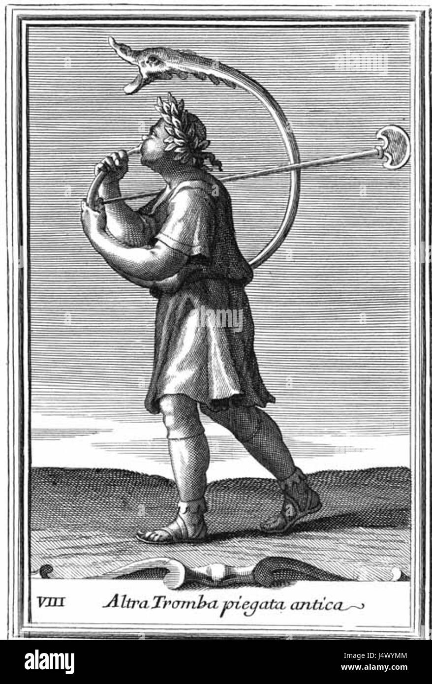 The cornu, an ancient Roman musical instrument, is depicted alongside a ...