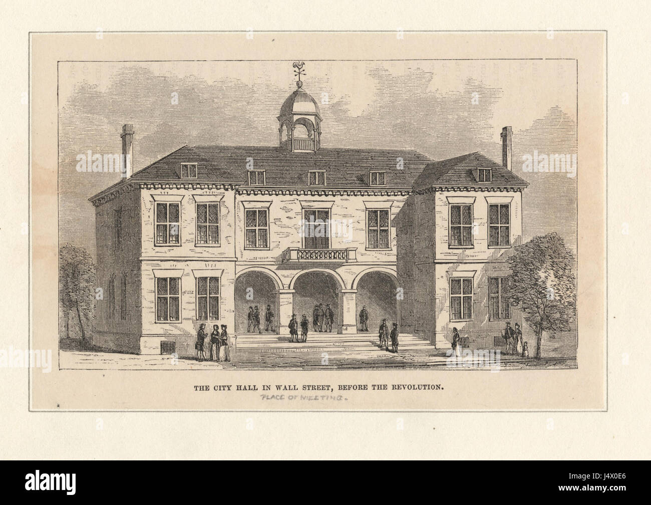 This historical illustration shows the City Hall on Wall Street, before ...
