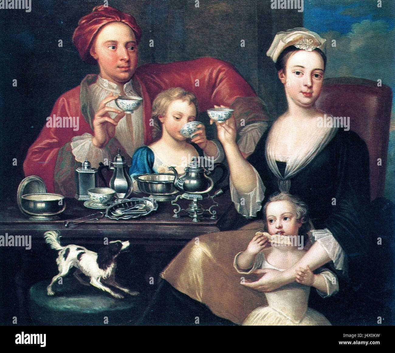 This artwork, titled 'An English Tea Party' by Van Aken, depicts a ...