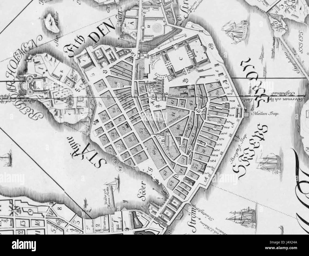 This map, created by Tillaeus in 1733, shows Stadsholmen, an island in ...