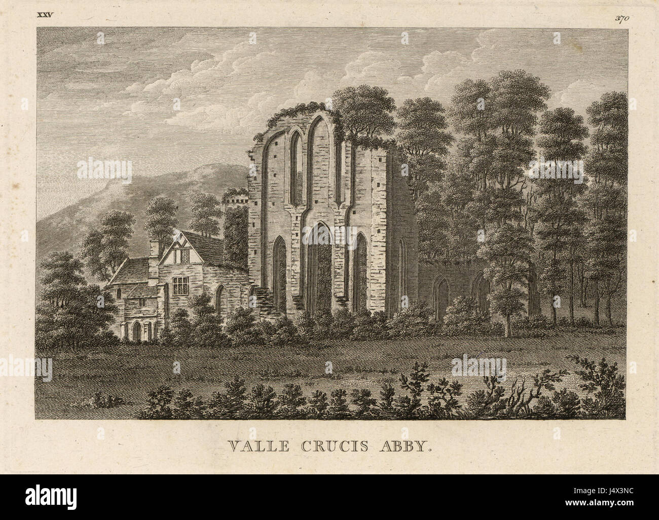 The engraving depicts Valle Crucis Abbey, a Cistercian monastery ...