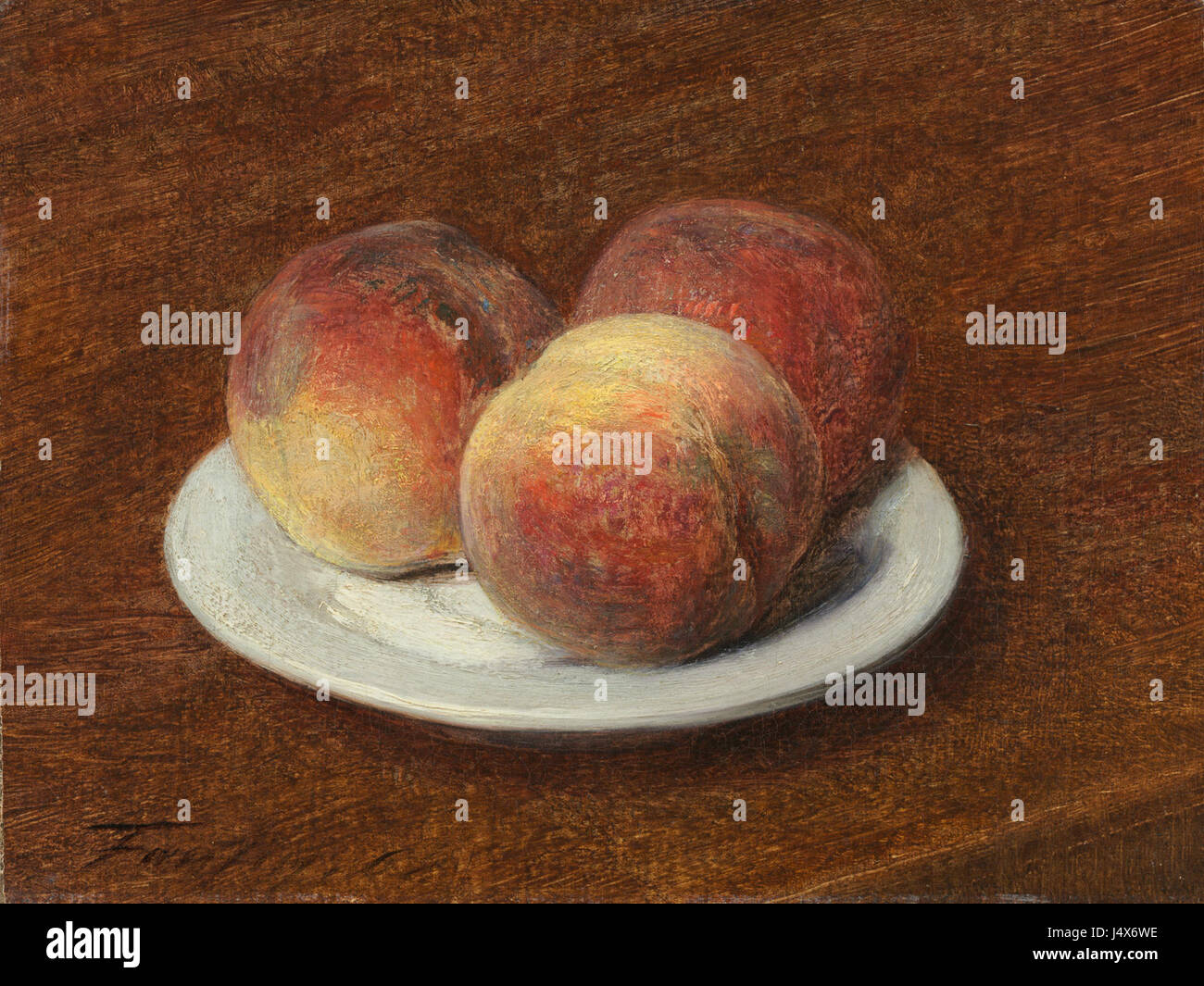 This artwork depicts three peaches arranged on a plate, showcasing the ...