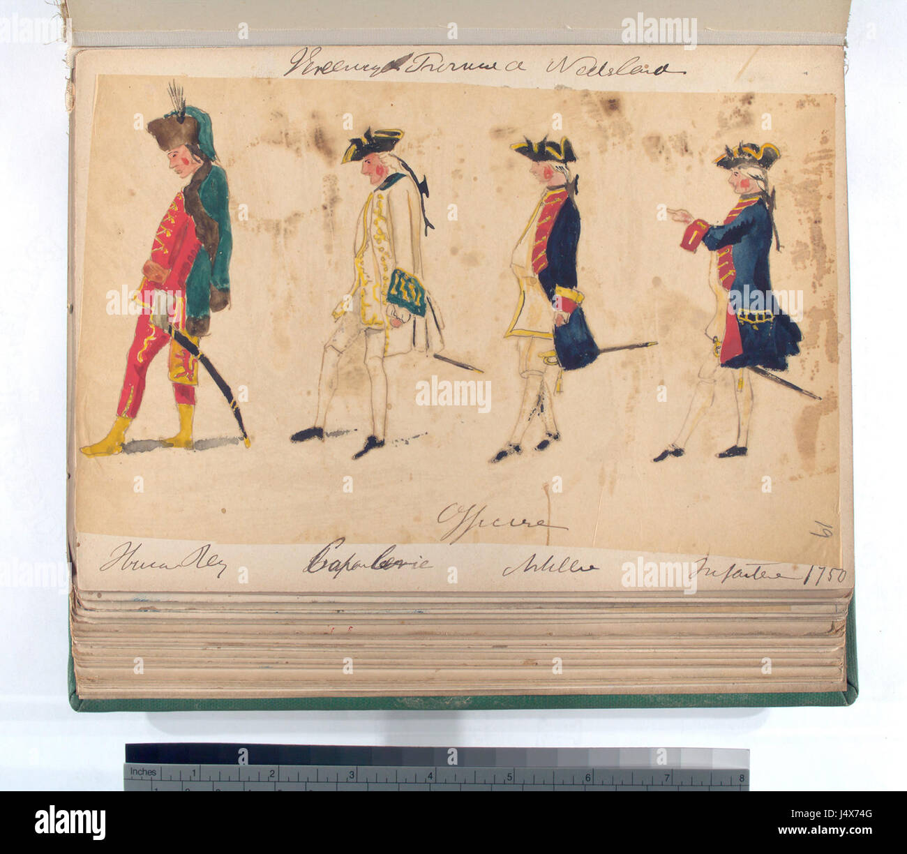 An illustration from 1750 depicting the military forces of the United ...