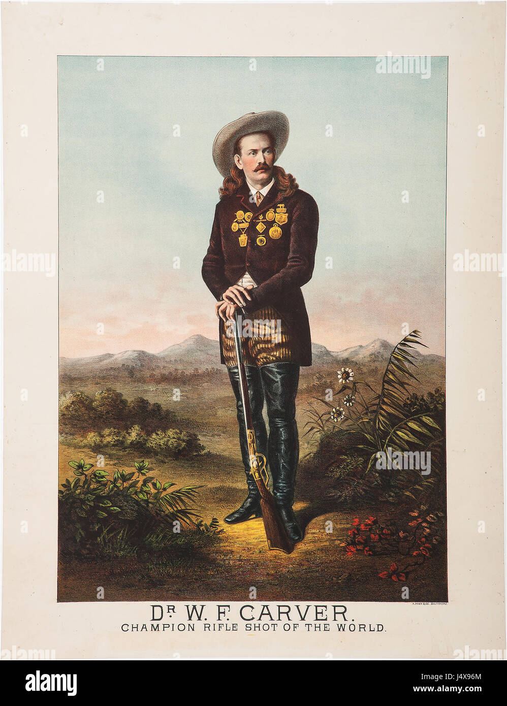 A vintage poster from around 1880 featuring William Frank Carver, a ...