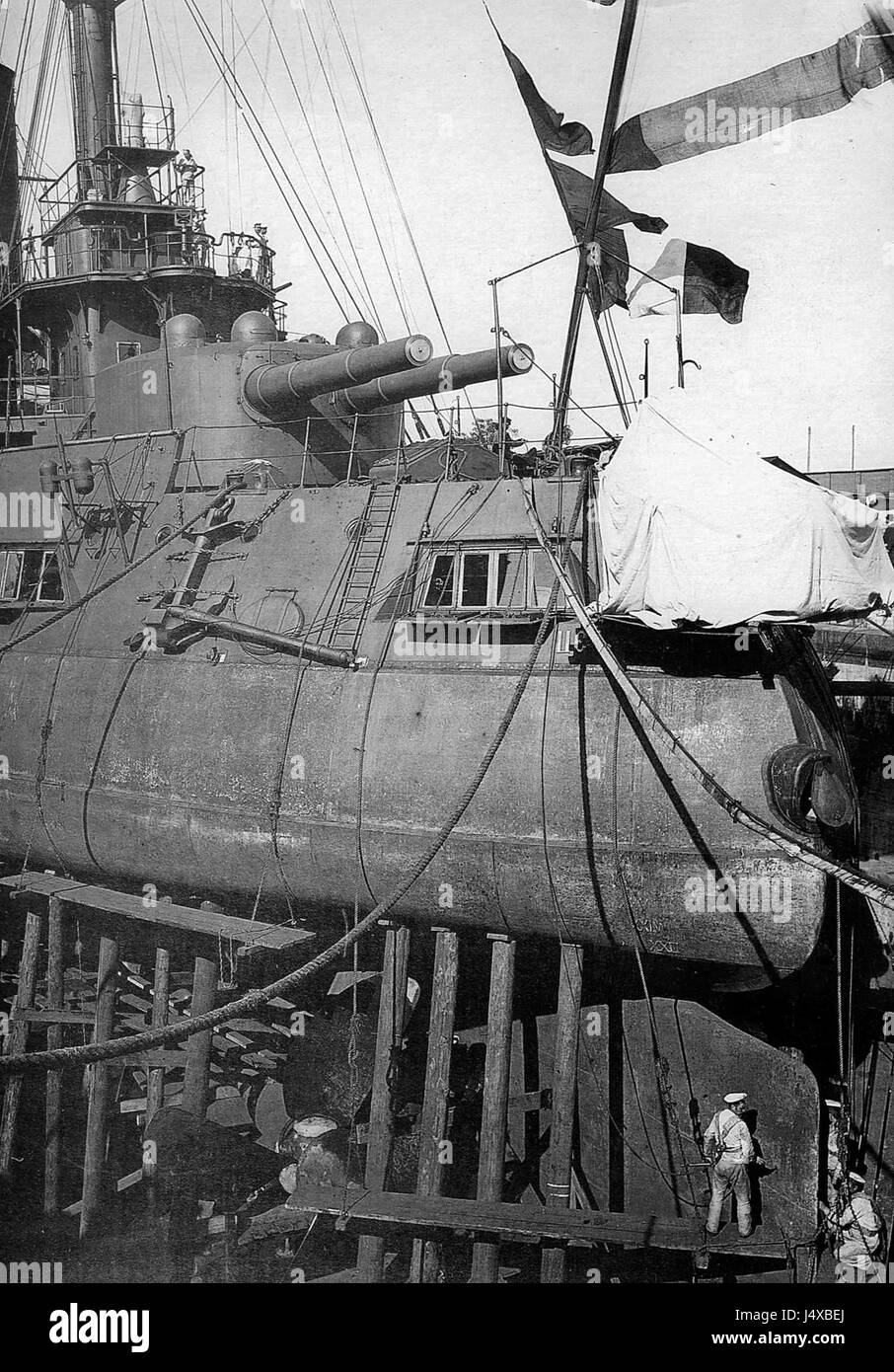 This image depicts the Tsesarevich, a Russian battleship, in Kronshtadt ...