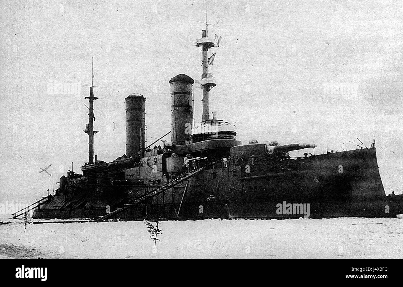 This image captures the Tsesarevich, a Russian imperial ship, in ...