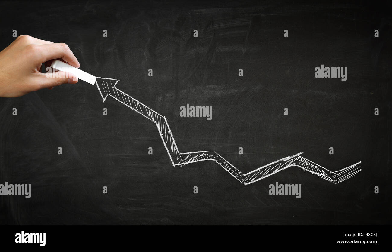 Hand of businessman drawing chart or growing arrow on chalkboard Stock ...