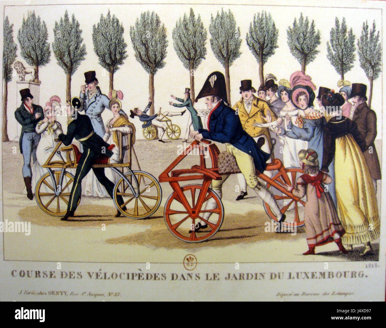 The image from 1818 shows velocipedes, an early form of bicycle, in the ...