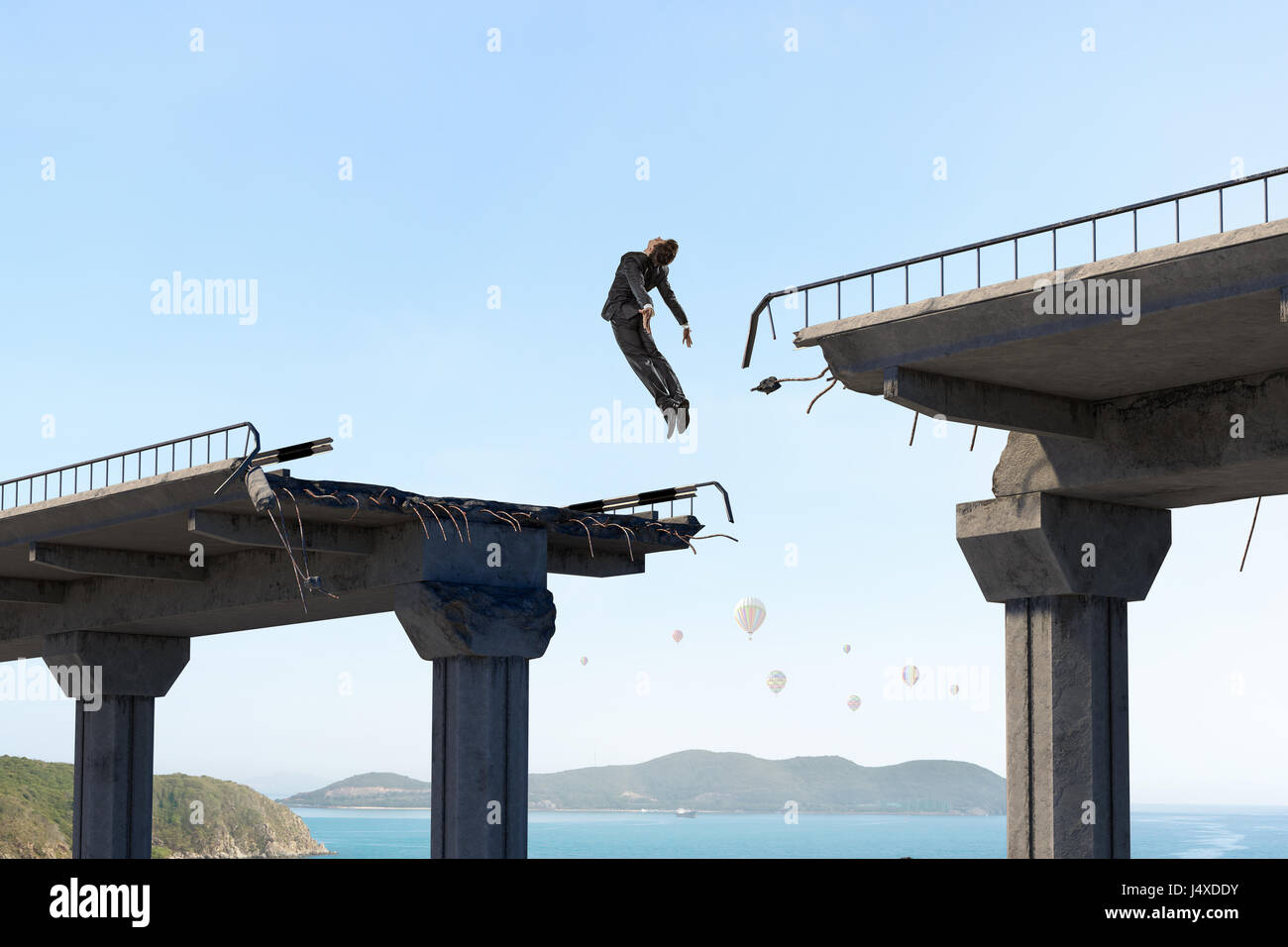 Determined businessman jumping over gap in broken bridge. Mixed media ...