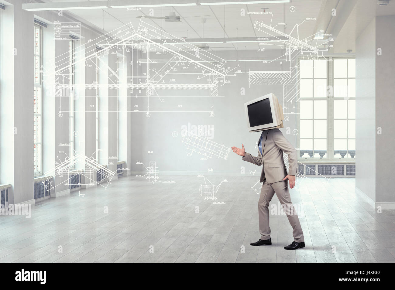 Businessman with old computer monitor instead of his head. Mixed media ...