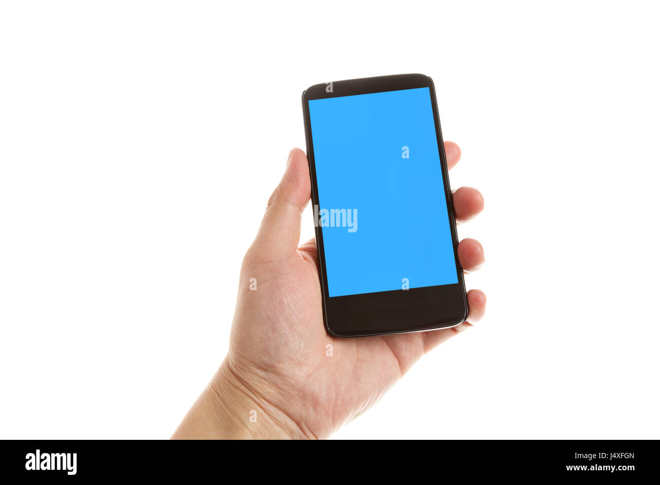 hand holding and showing smartphone with blue screen. Isolated on white ...