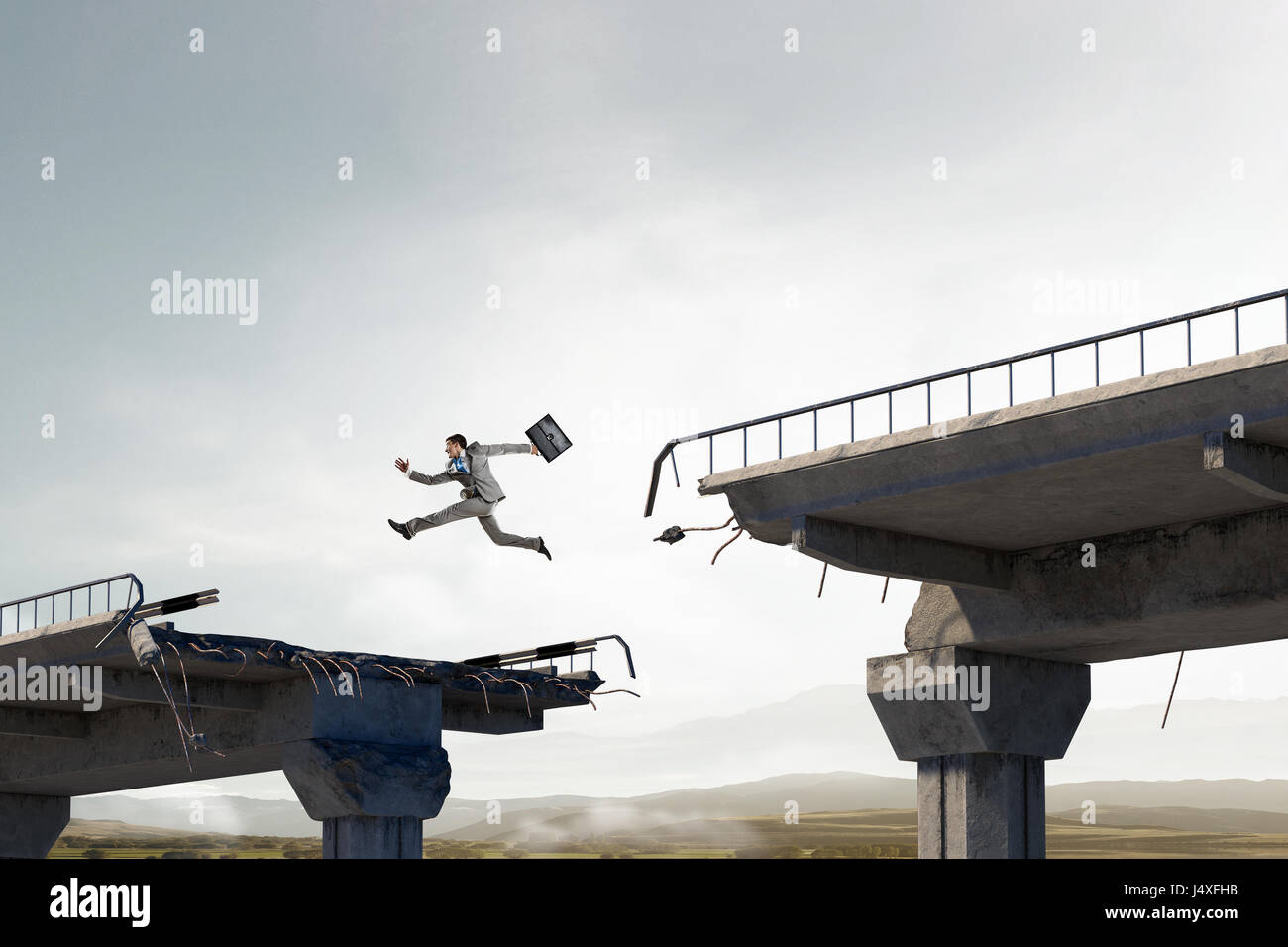 Determined businessman jumping over gap in broken bridge. Mixed media ...