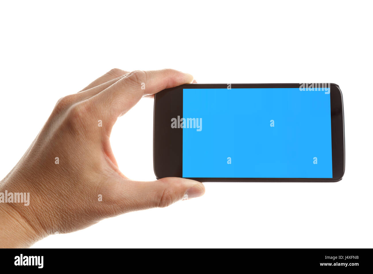 hand holding and showing smartphone with blue screen. Isolated on white ...