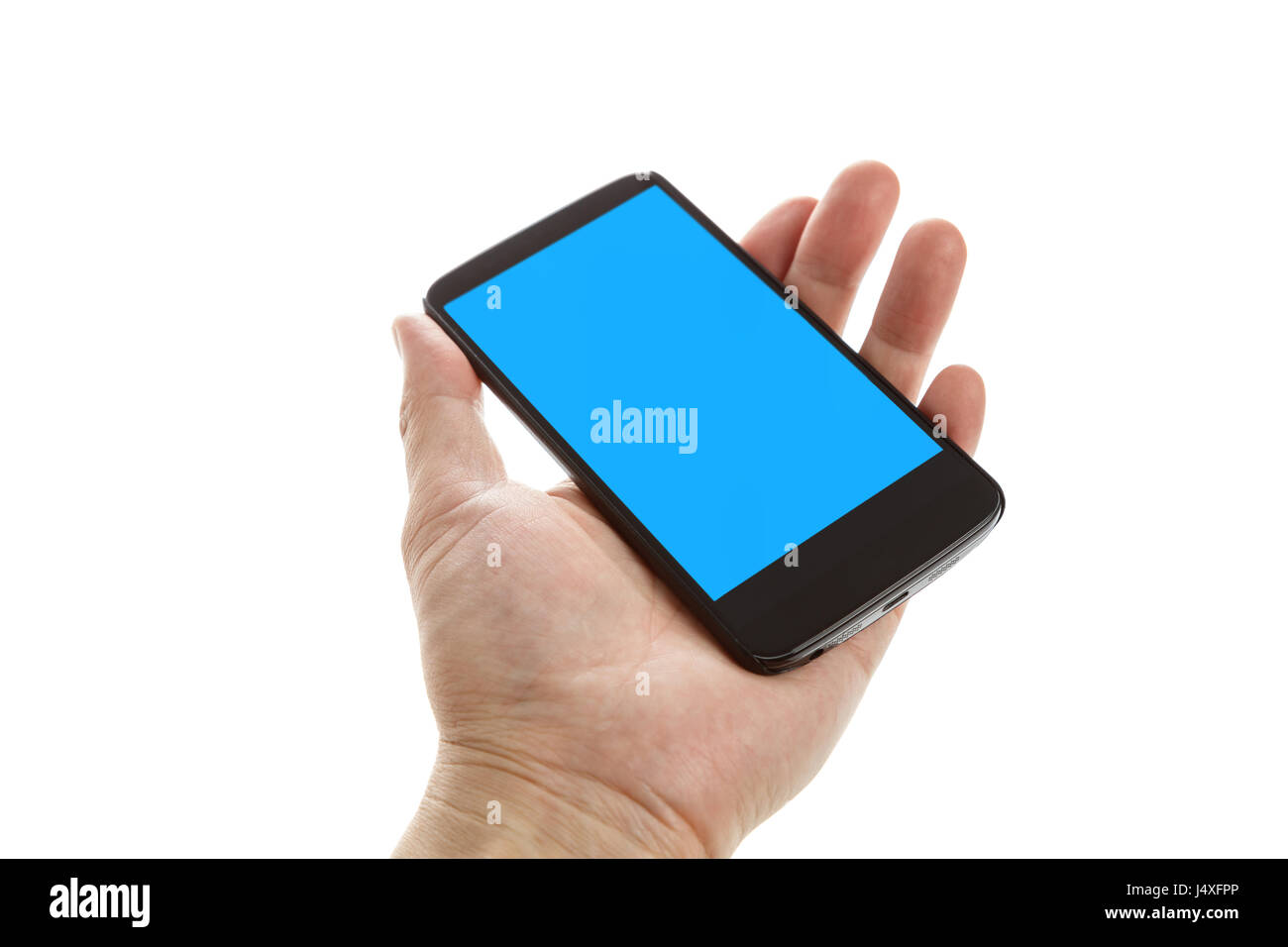 hand holding and showing smartphone with blue screen. Isolated on white ...