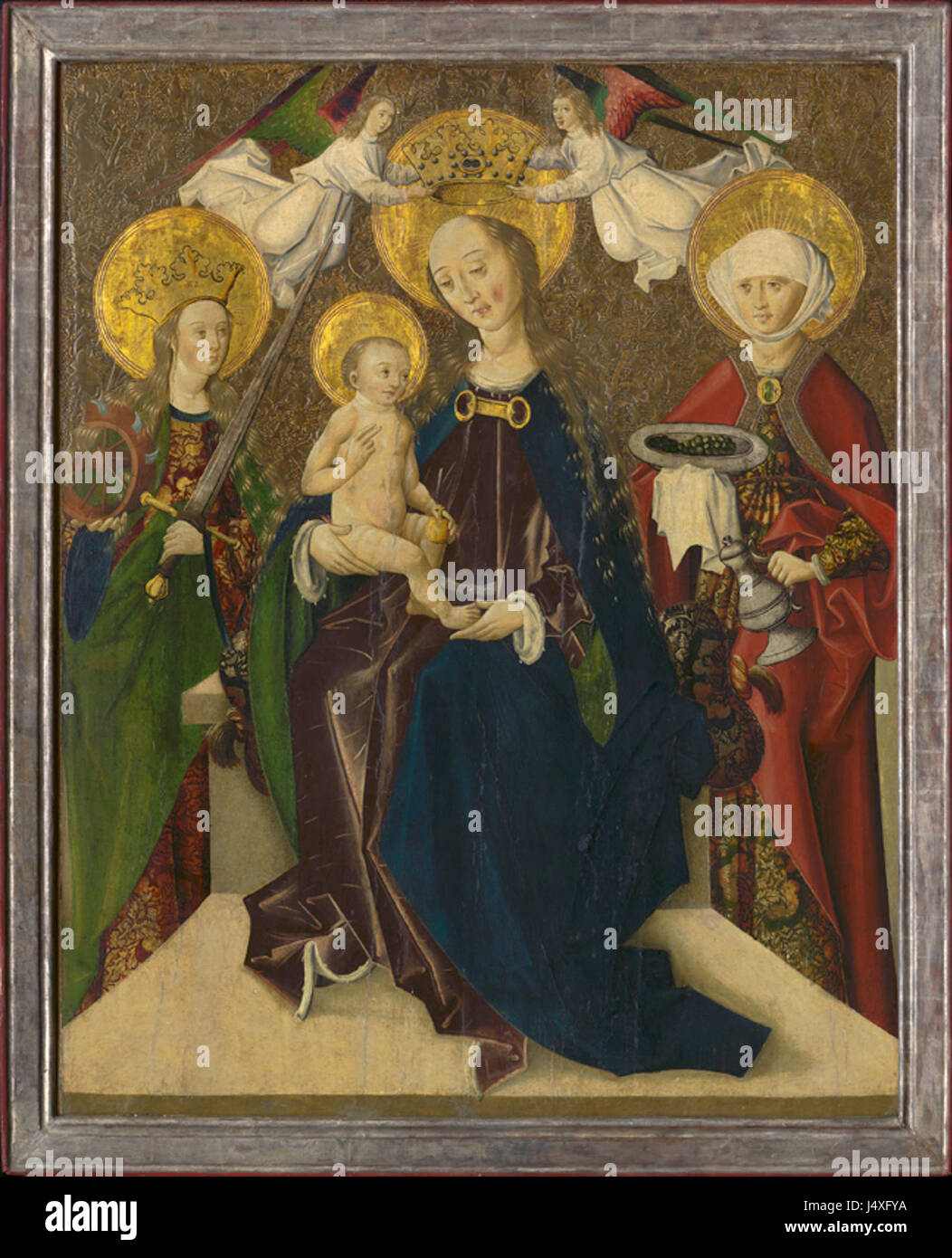 This artwork depicts the Madonna seated on a throne, flanked by St ...