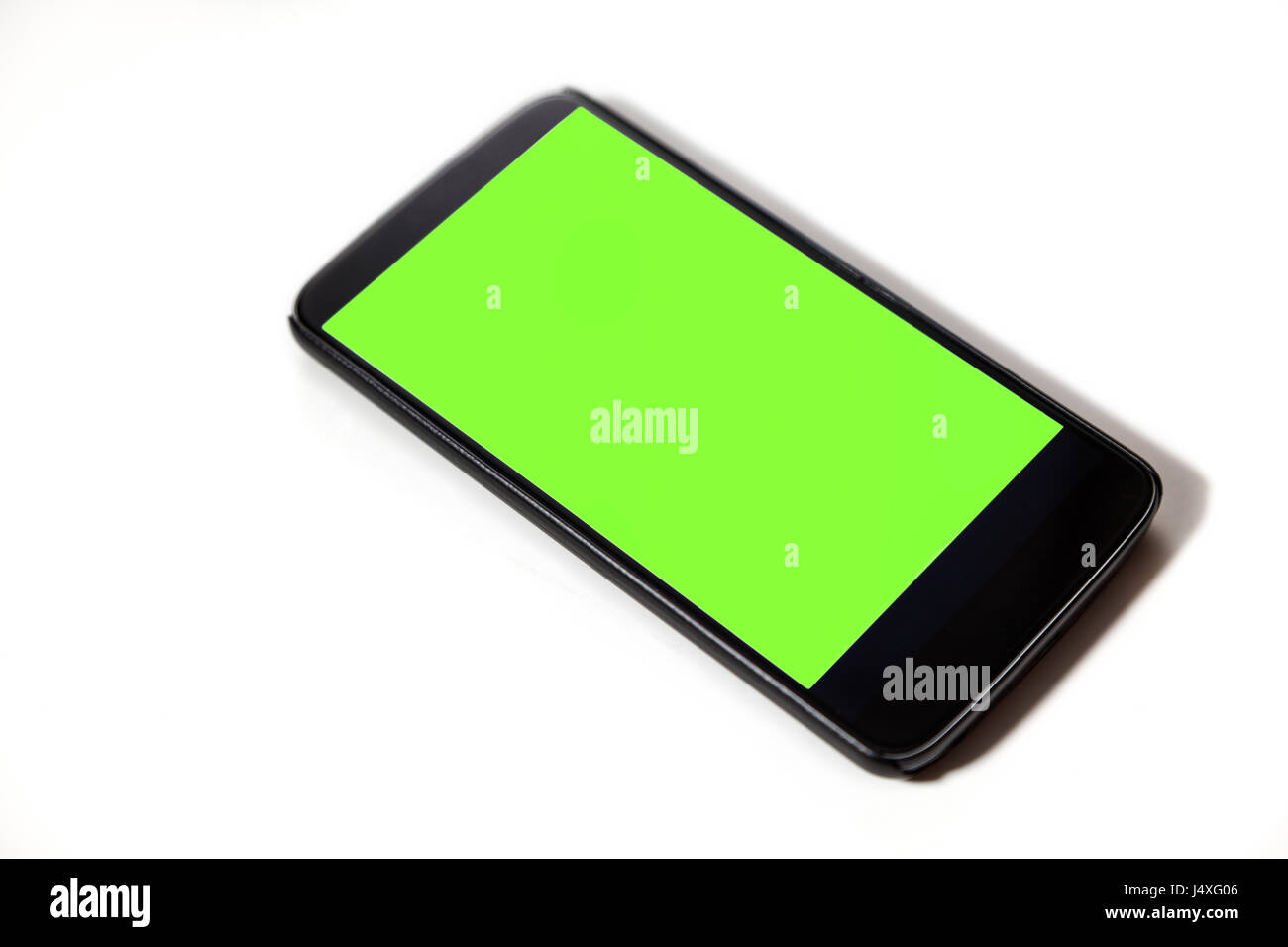 showing smartphone with green screen. Isolated on white background ...