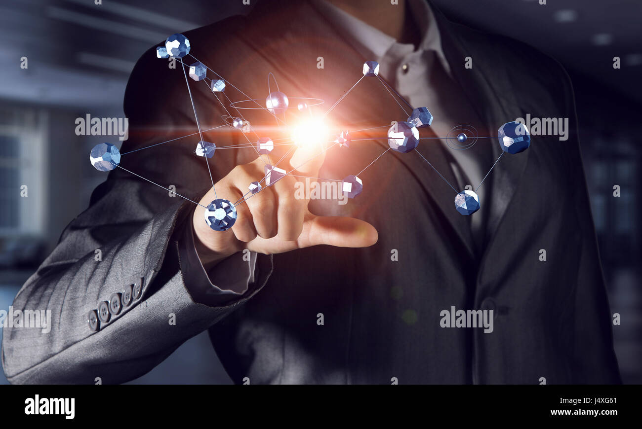 Businesswoman hand touching with finger digital connection lines on ...