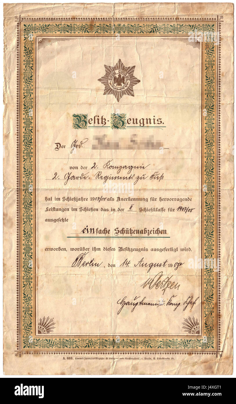 This document likely represents a certificate or award related to a Garde SchÃ¼tz, a title ...