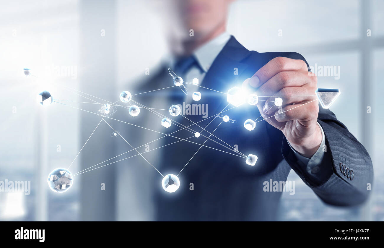 Close up of businessman drawing connection concept on screen. 3D ...