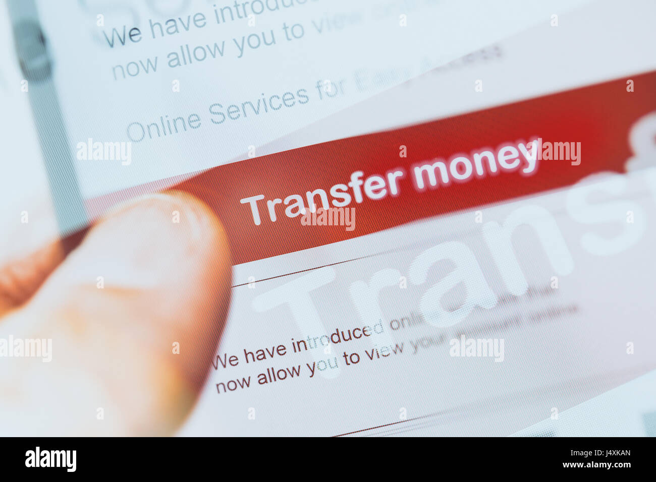 smartphone touch screen with red button transfer money. business e ...