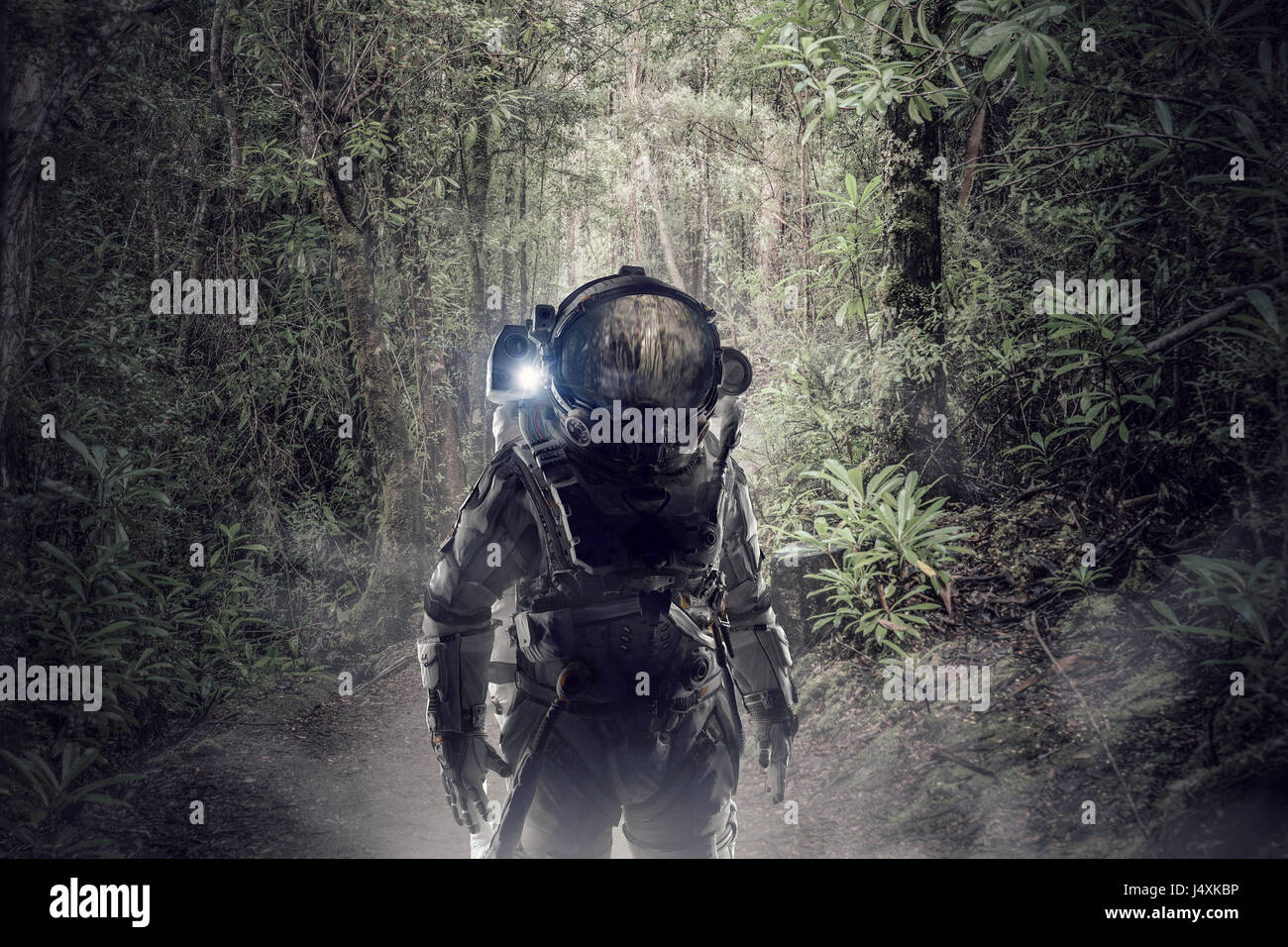 Explorer in astronaut suit in natural landscape. Mixed media Stock ...