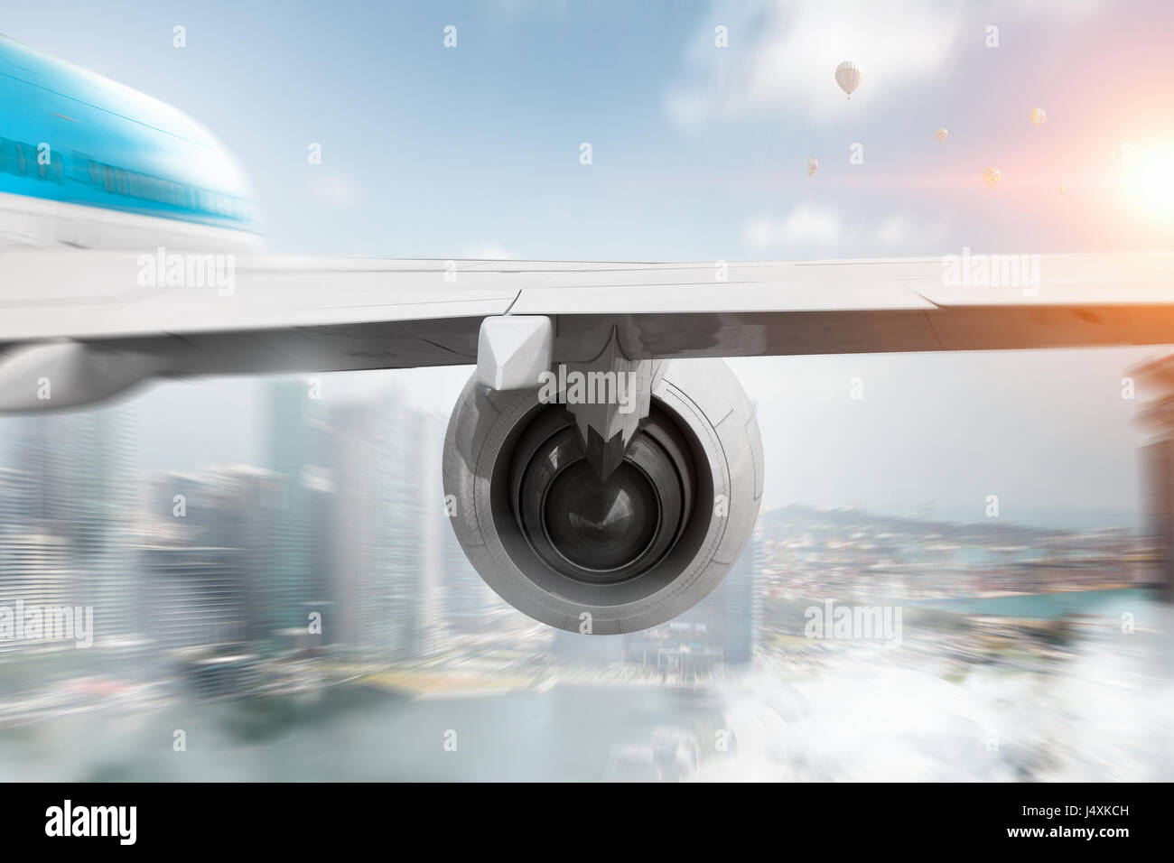 Wing of airplane taking off above modern cityscape . Mixed media Stock ...