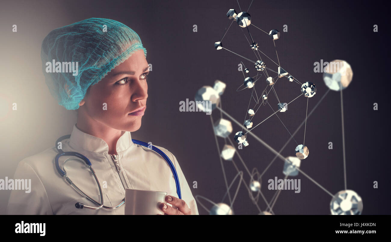 Young attractive woman scientist in laboratory and social connection ...