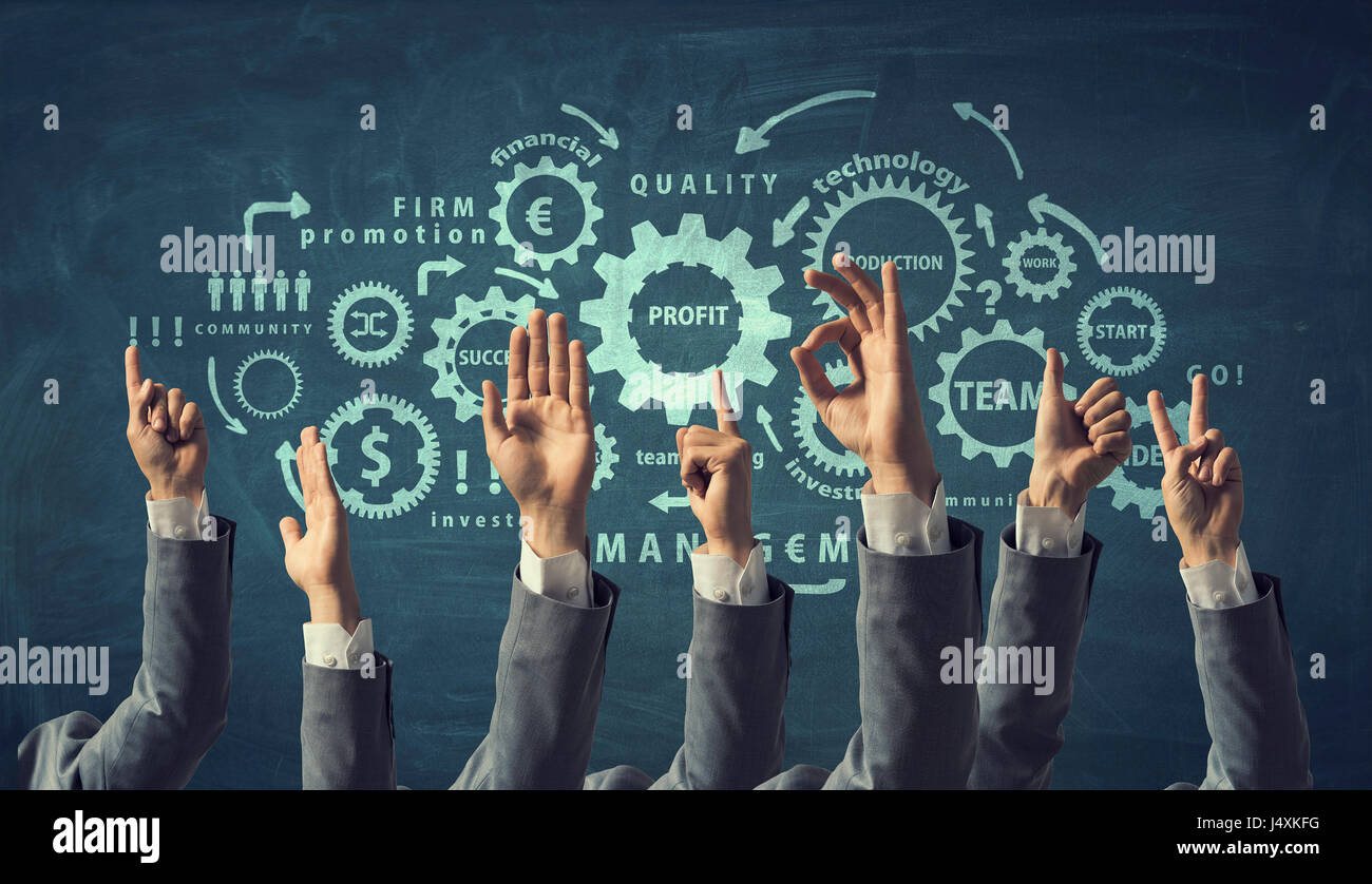 Many people in row raising upward hands showing participation Stock ...