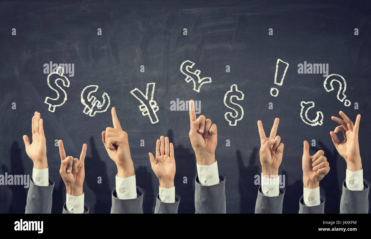 Many people in row raising upward hands showing participation Stock ...