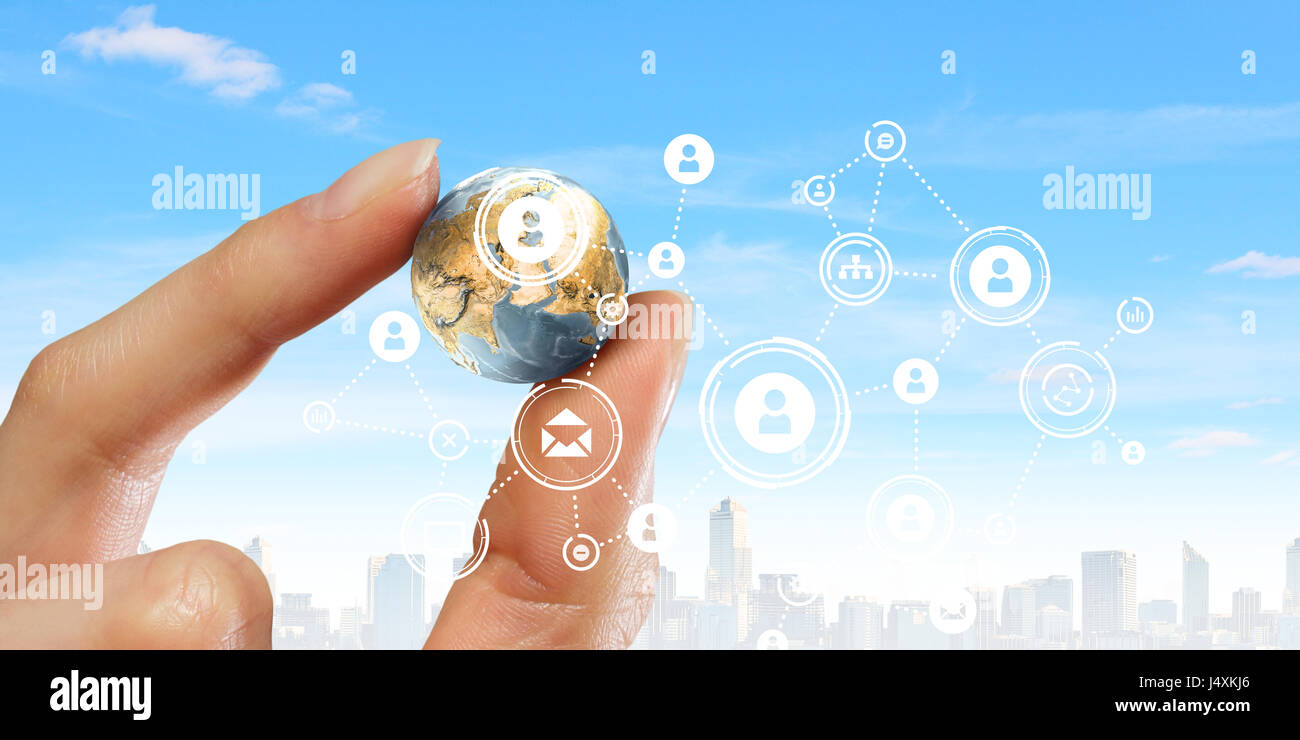 Female hand holding Earth planet presenting connection technologies ...