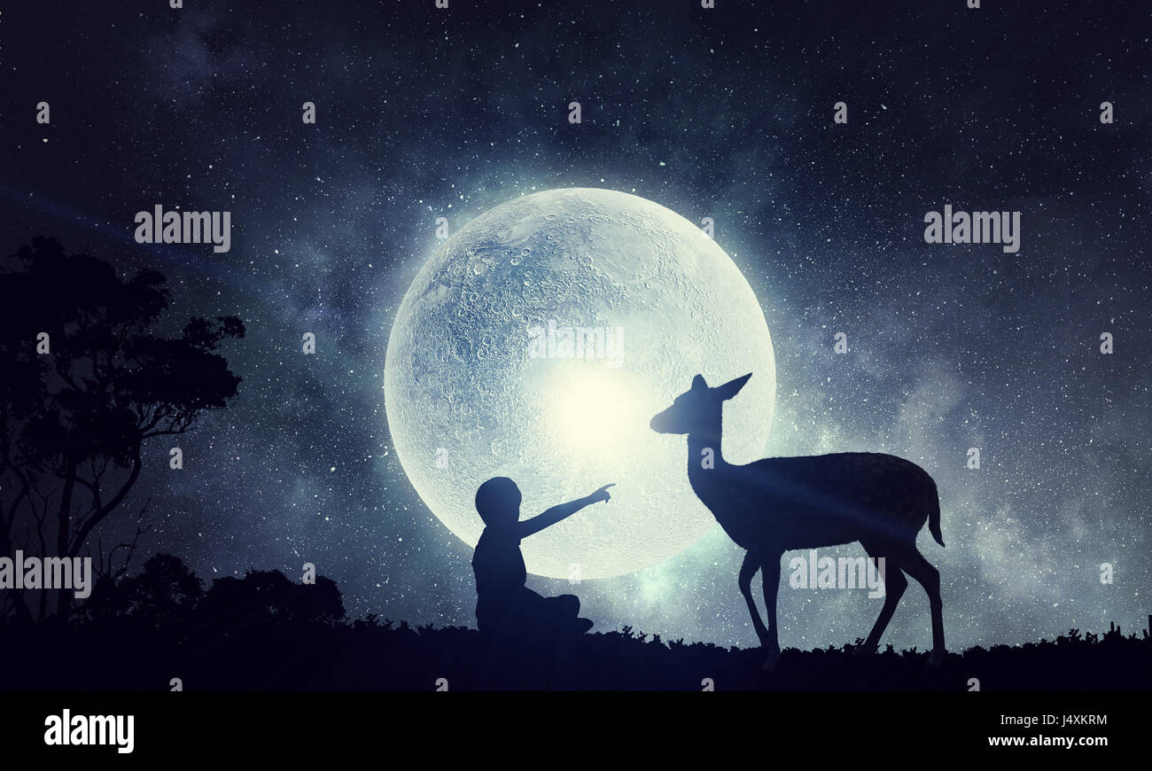 African landscape with wildlife at full moon background Stock Photo - Alamy
