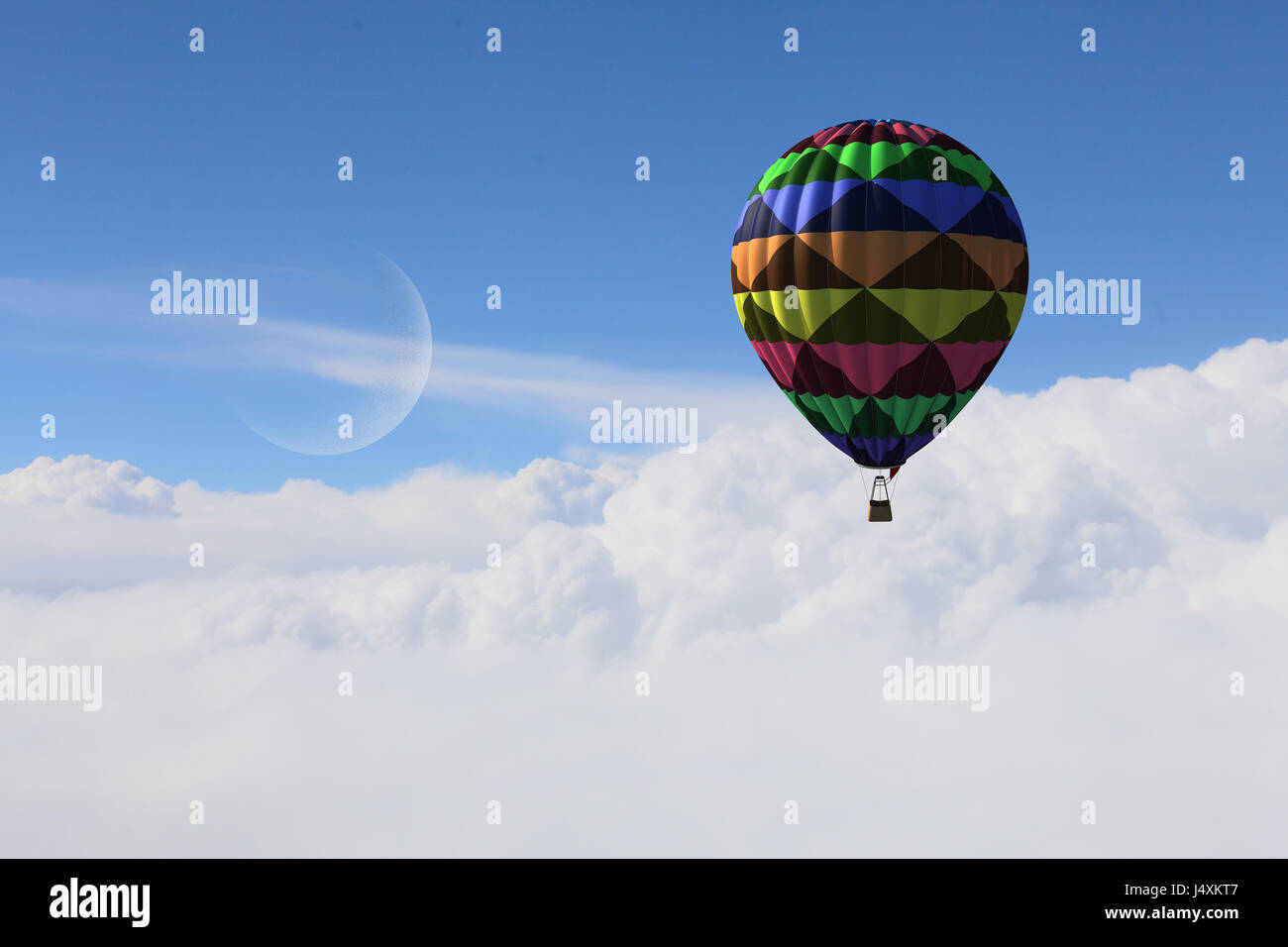 Colorful hot air balloon flying high in blue sky Stock Photo - Alamy