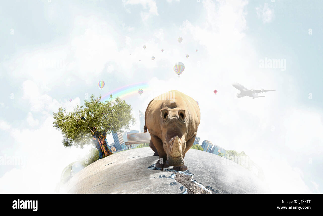 Big rhino animal outdoors as symbol of power and leadership Stock Photo ...