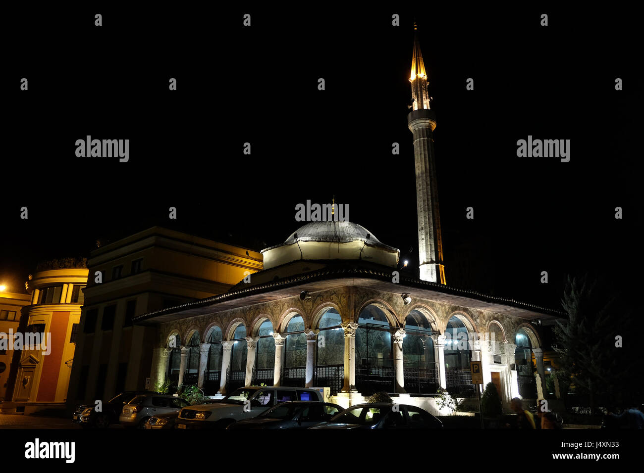The Et'hem Bey Mosque at night on Skanderbeg Square, Tirana, Albania on ...
