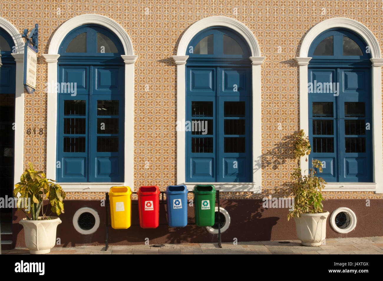 Segregated litter bins, for recycling waste, near a portuguese style ...