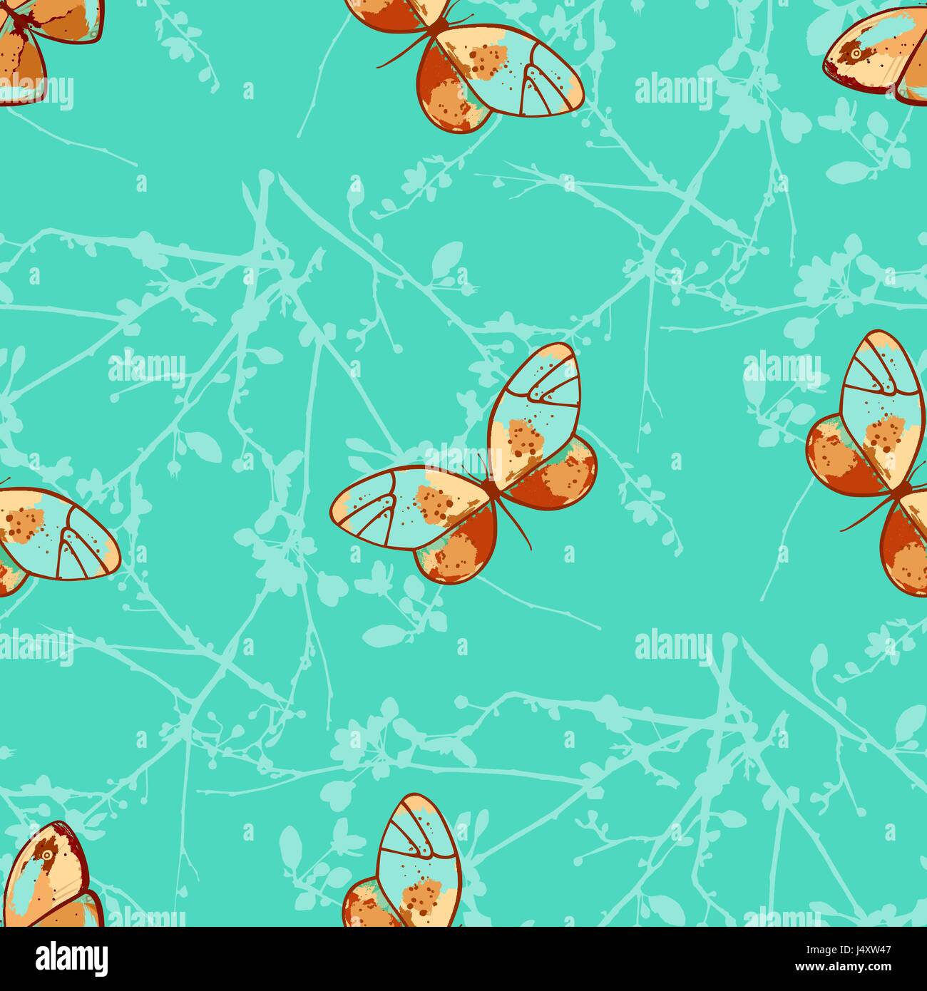Seamless vector pattern with tree branches, buds and butterflies Stock ...