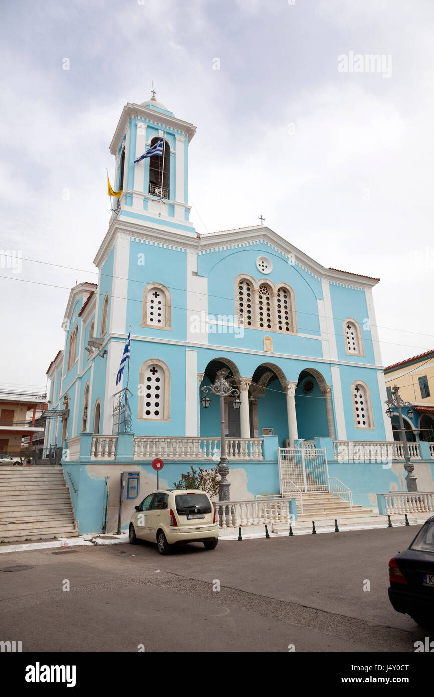 light blue church in greek city of kalamata Stock Photo - Alamy