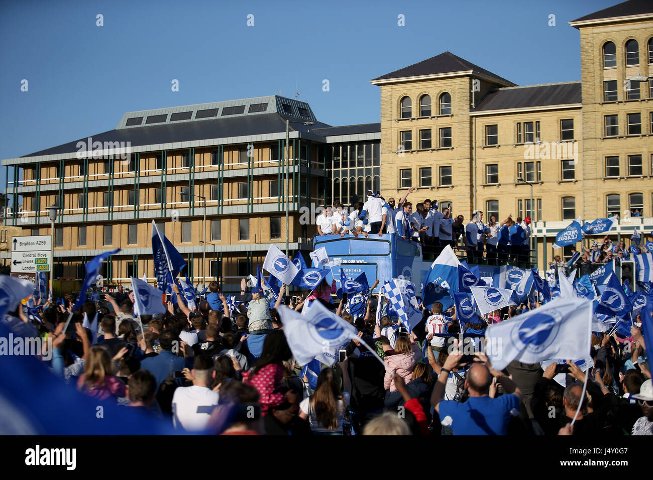 Brighton and Hove Albion players celebrate during the bus parade ...